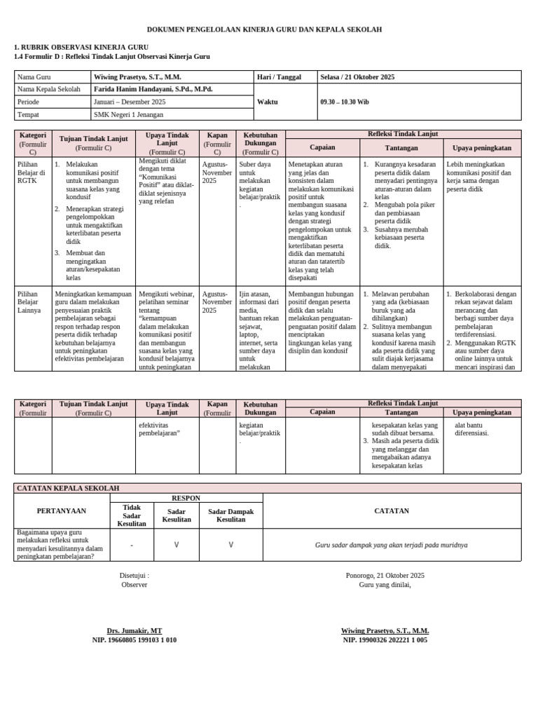 Form D-REFLEKSI TINDAK LANJUT OBSERVASI-WIWING | PDF