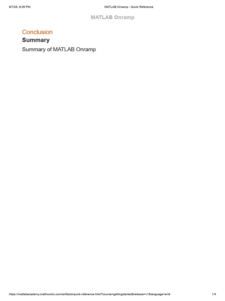MATLAB Onramp Quick Reference Guide | PDF | Matrix (Mathematics) | Matlab