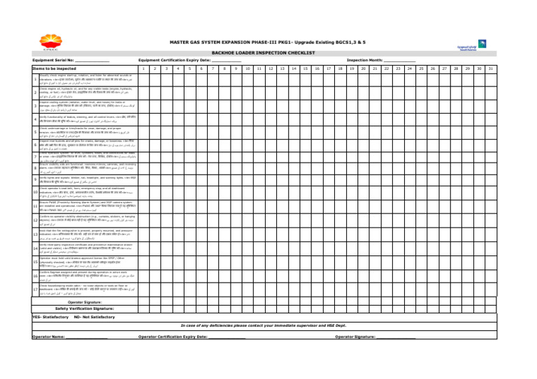 Backhoe Loader Inspection Checklist | PDF