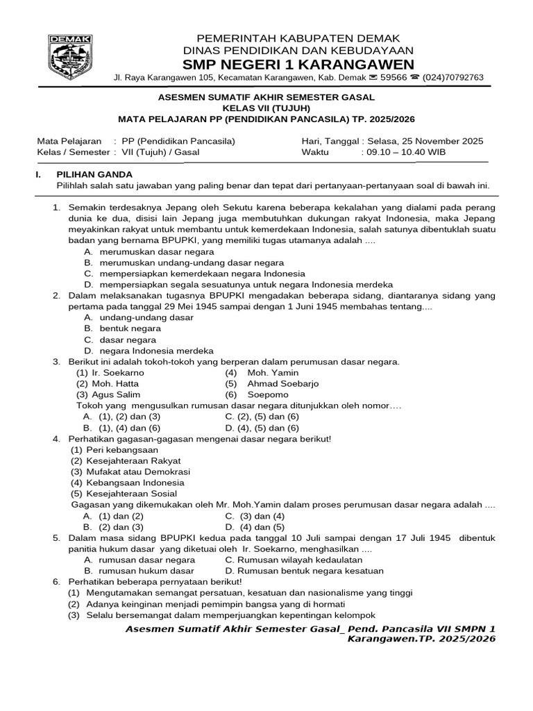 2.1. Soal Asts 1 Kelas 7. 2526 Prinout Ada Jawaban | PDF