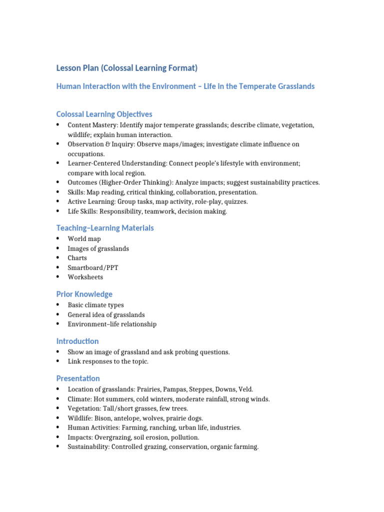 Temperate Grasslands Colossal Learning Lesson Plan | PDF