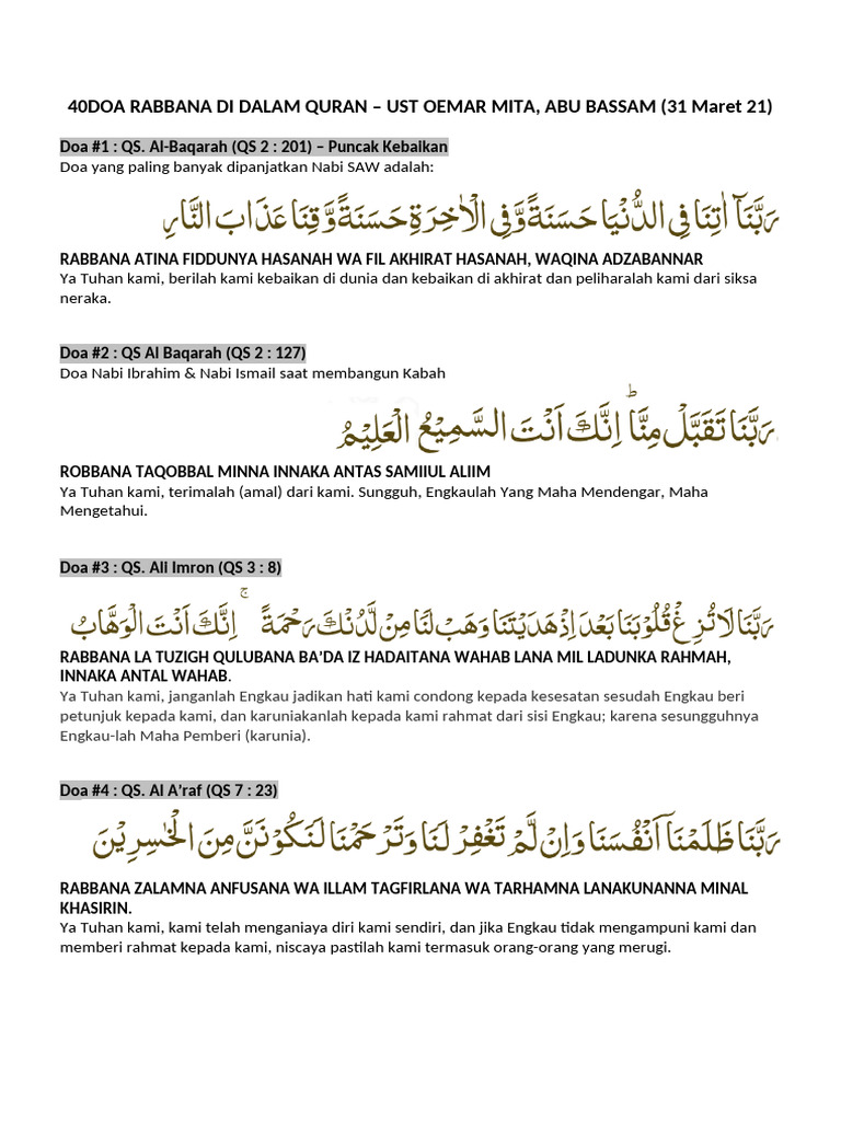 40Doa Rabbana Dalam Quran (a Letter to Allah by Ust Oemar Mita) - 31 ...