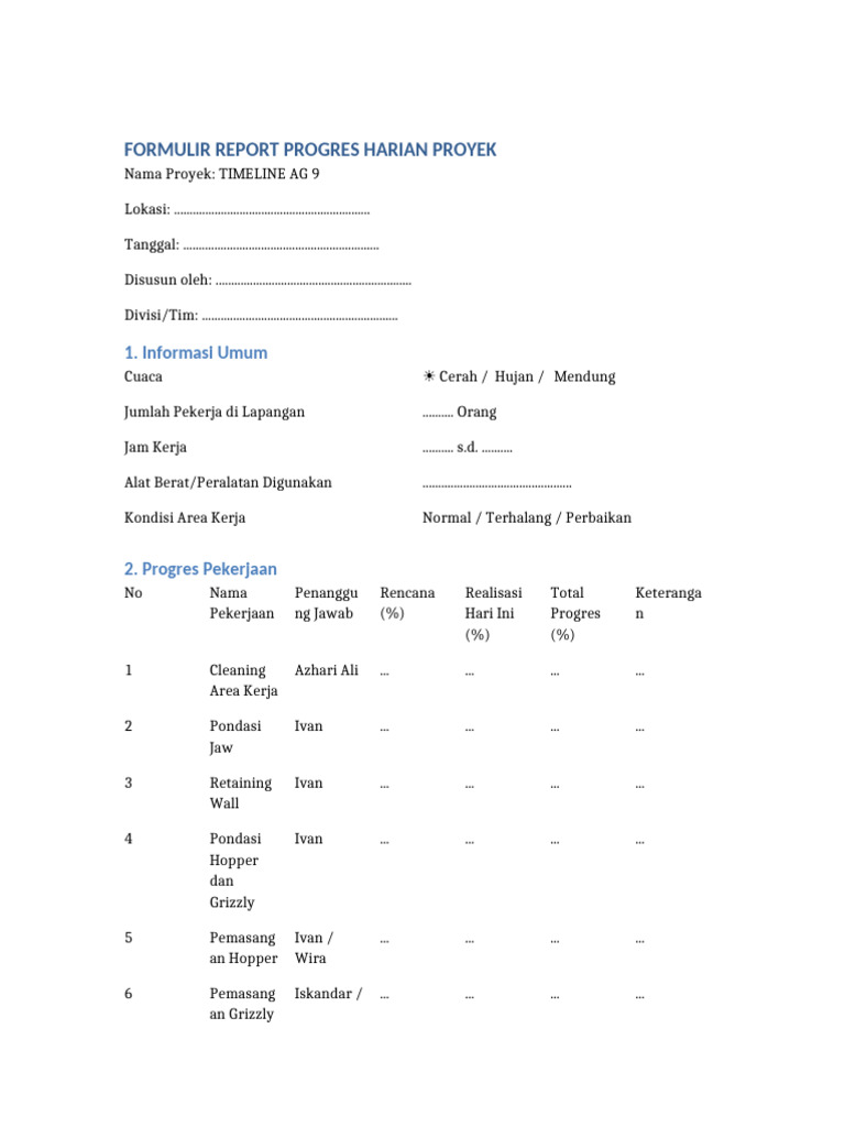 Laporan Progres Harian Proyek AG 9 | PDF