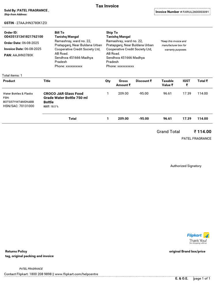 Invoice for CROCO JAR Water Bottle | PDF | Economies | Payments