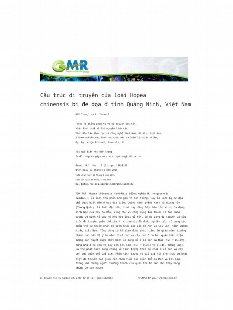 Genetic Structure of The Threatened Hopea Chinensis in The Quang Ninh ...