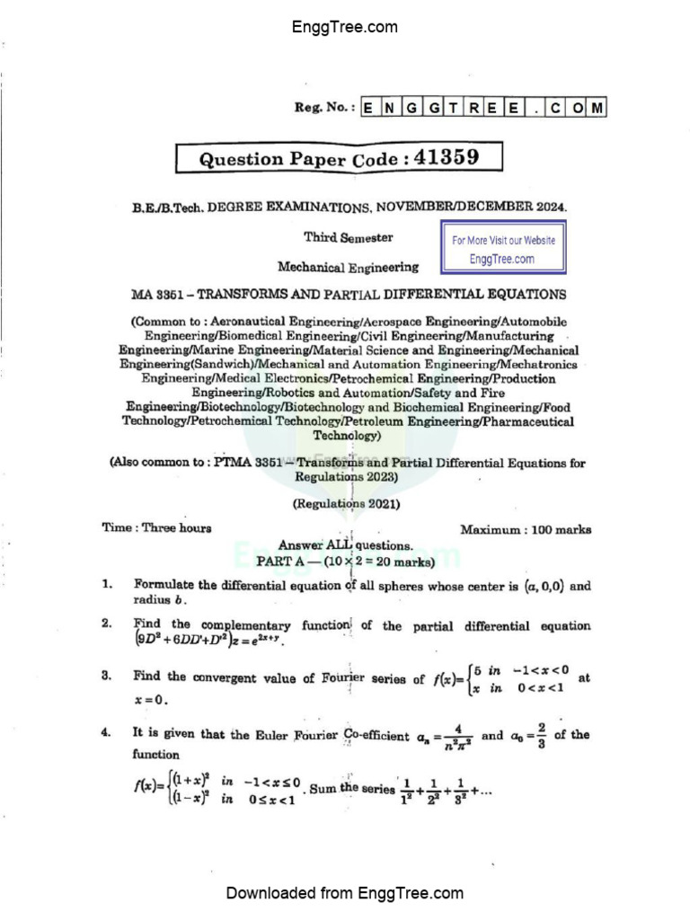 MA3351 Transforms and Partial Differential Equations Nov Dec 2024 Question Paper Download | PDF