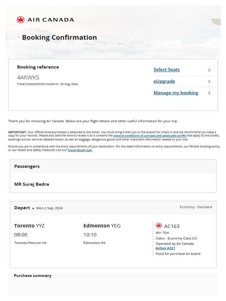 Air Canada Flight Booking Details | PDF | Aviation