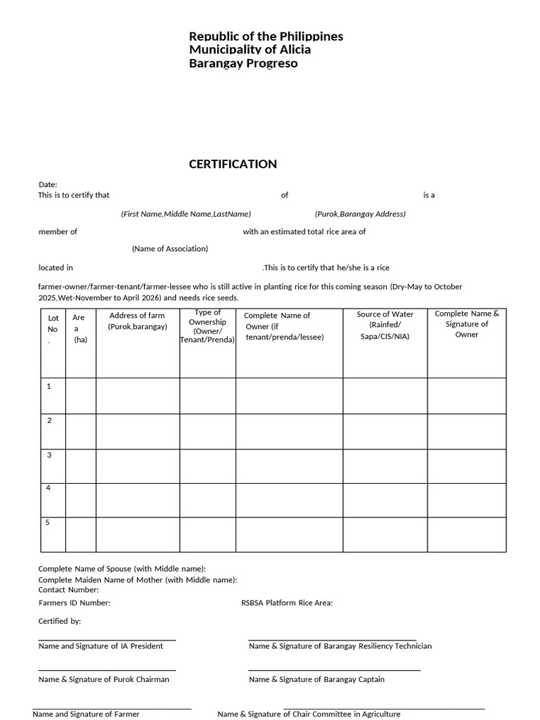 Rice Farmer Certification Document | PDF