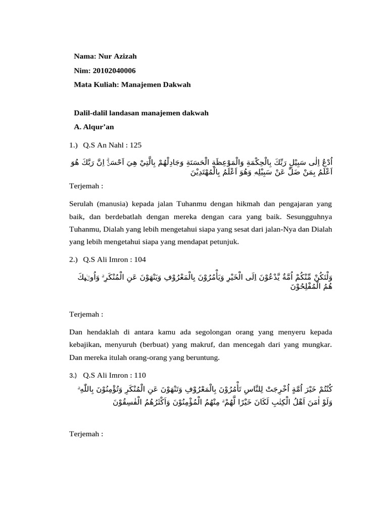 Dalil Dalil Manajemen Dakwah-Nur Azizah | PDF