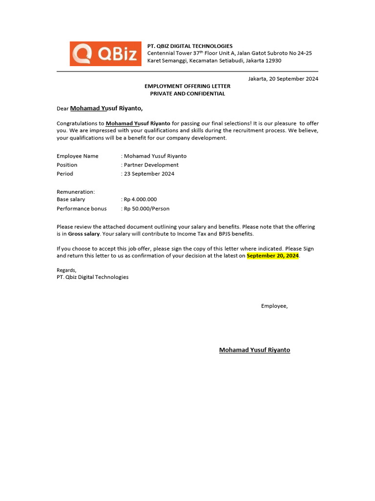 Offering Letter - Mohamad Yusuf Riyanto | PDF