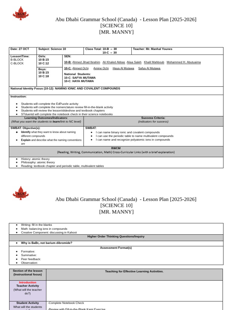 Science 10 U2L2 - Naming Compounds Lesson Plan Oct 27 | PDF