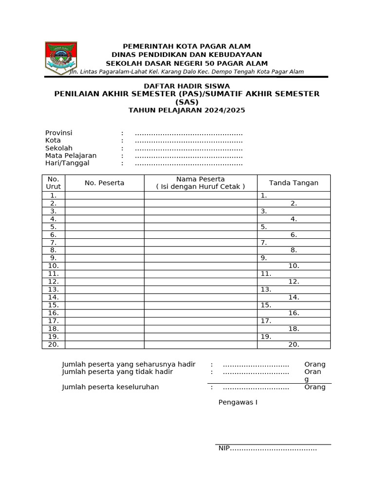 Daftar Hadir Siswa PAS SDN 50 Pagar Alam | PDF