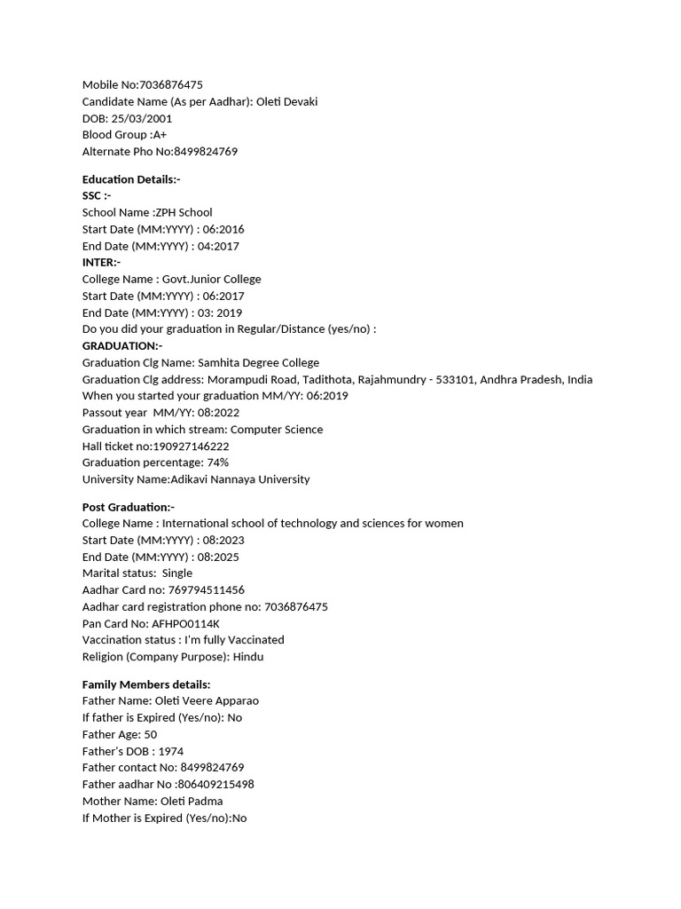 Oleti Devaki's Educational & Personal Info | PDF