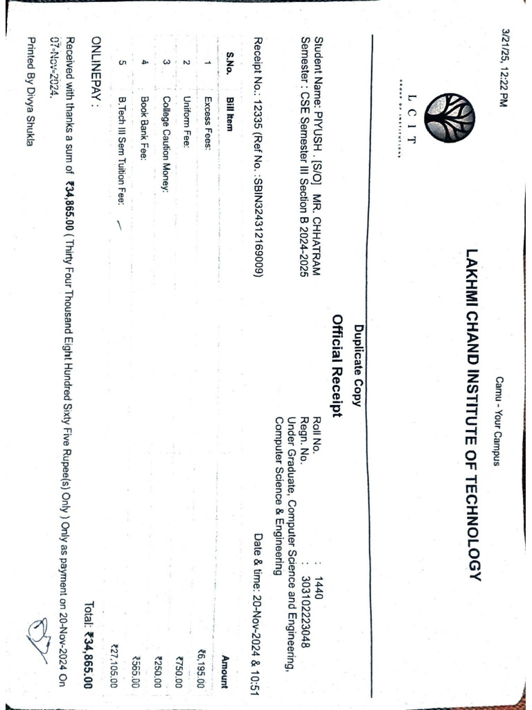 Fee Recipt | PDF