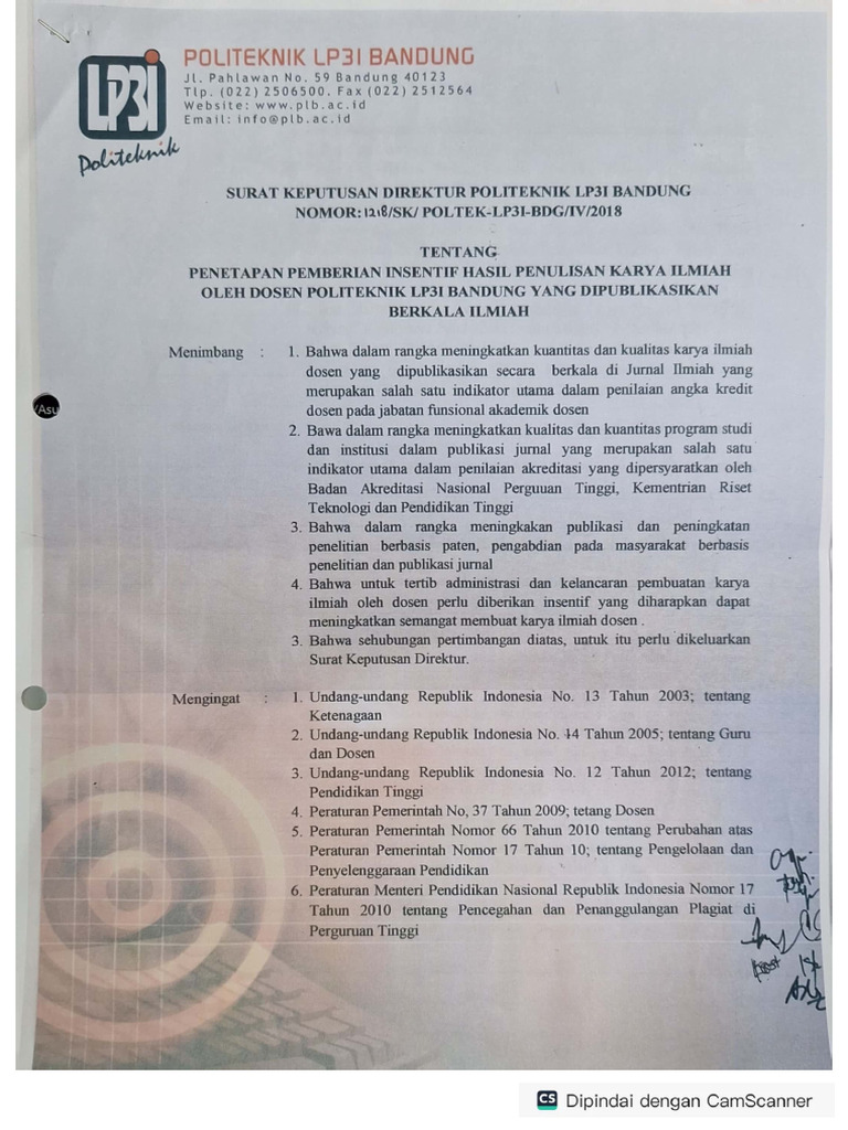 SK Insentif Karya Ilmiah Dosen PLB | PDF