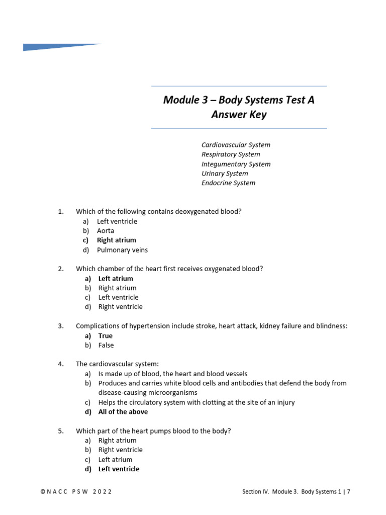 Body Systems Test A Answer Key | PDF | Lung | Kidney