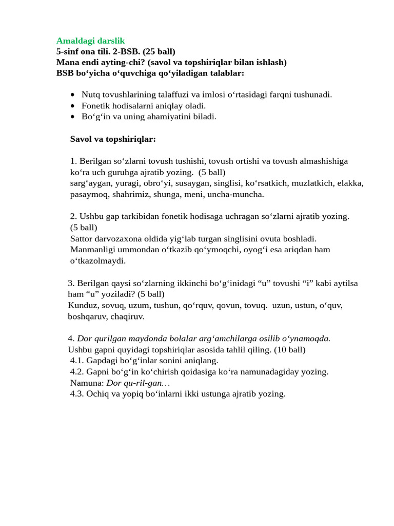 5-Sinf Ona Tili 2-Bsb | PDF