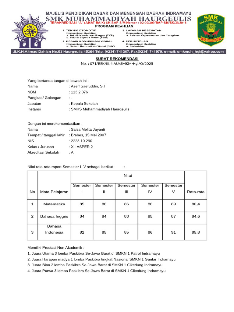 071 Surat Rekomendasi Salsa Meita Jayanti Kelas XII Asper 2 | PDF