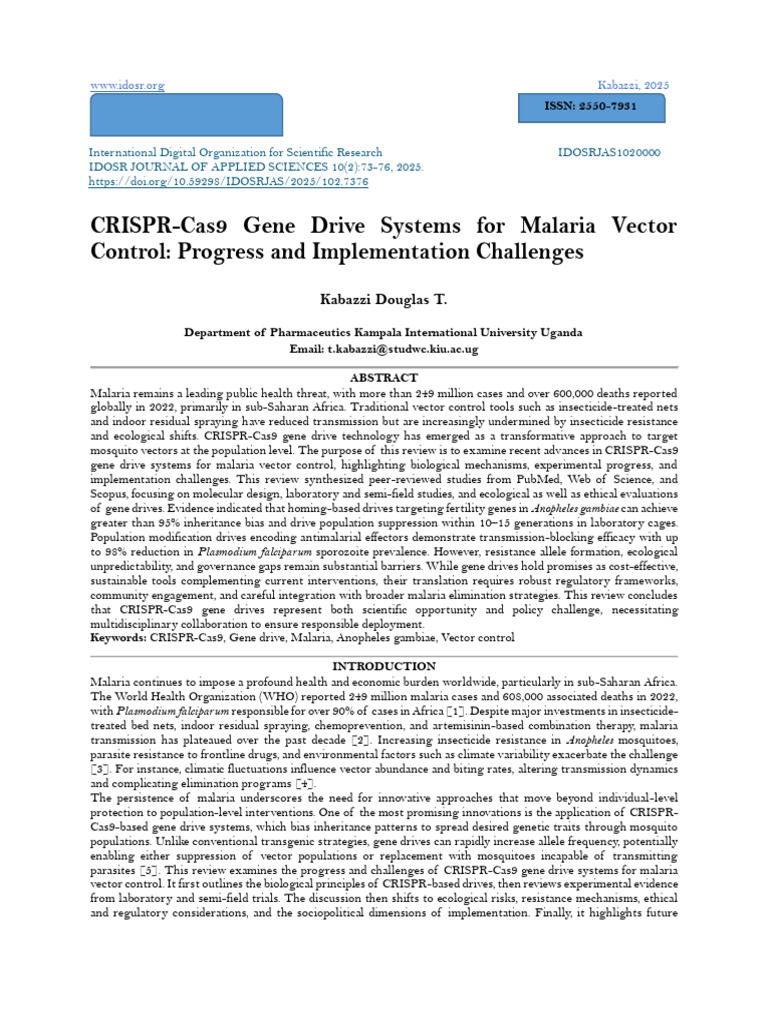 CRISPR-Cas9 Gene Drive Systems For Malaria Vector Control: Progress and ...