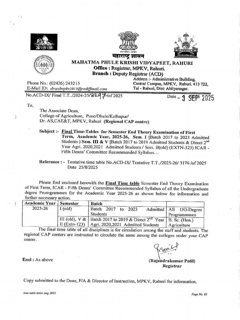 Final Time Table 2025-26 University Level Exam Sem I III V, EXTN 123 VTH Dean Syllabus. | PDF