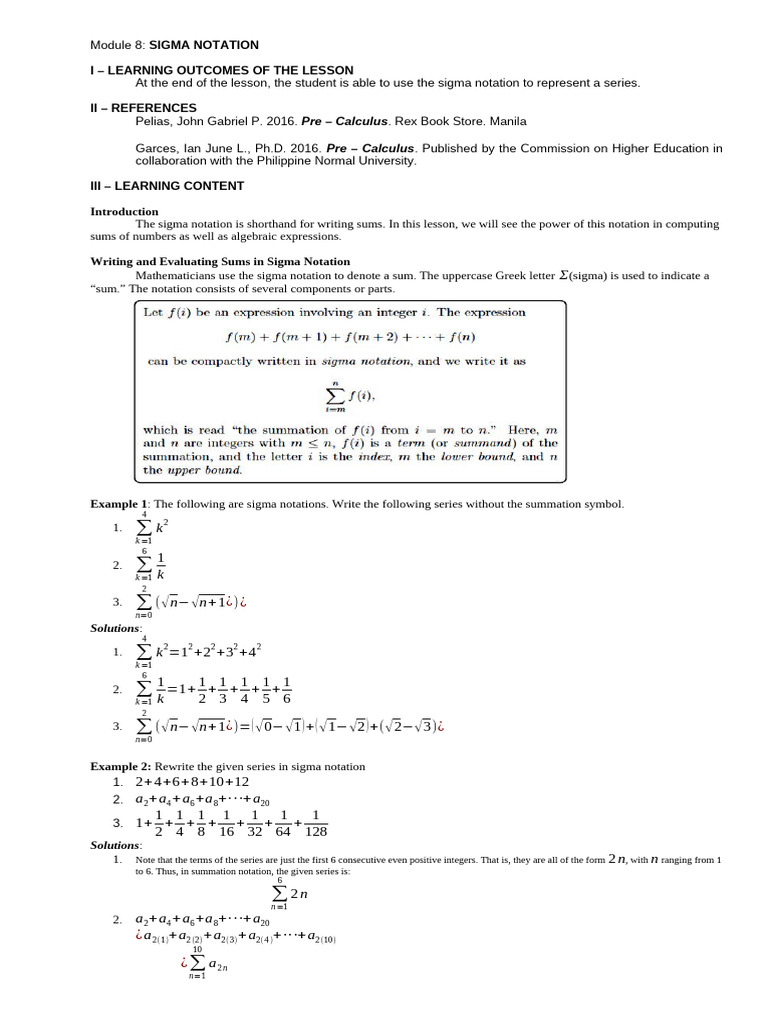 Module 8 (Sigma Notation) | PDF | Summation | Algebra