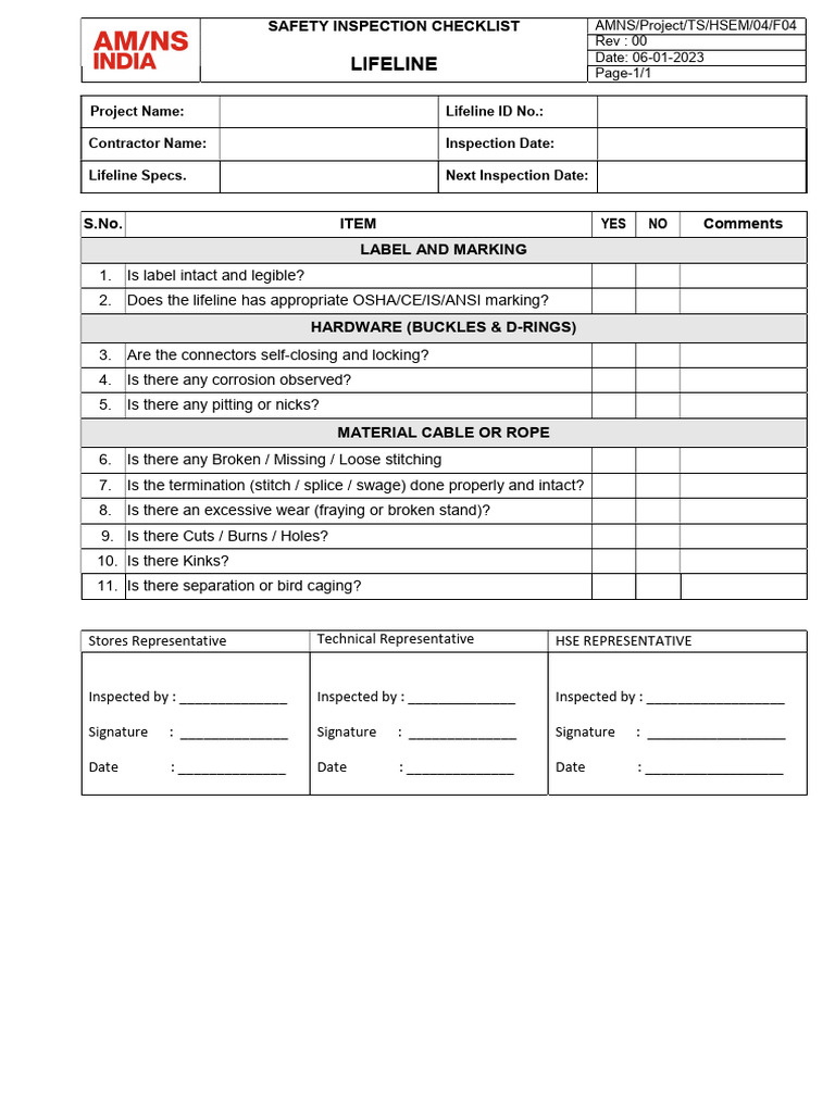 Lifeline Safety Inspection Checklist | PDF