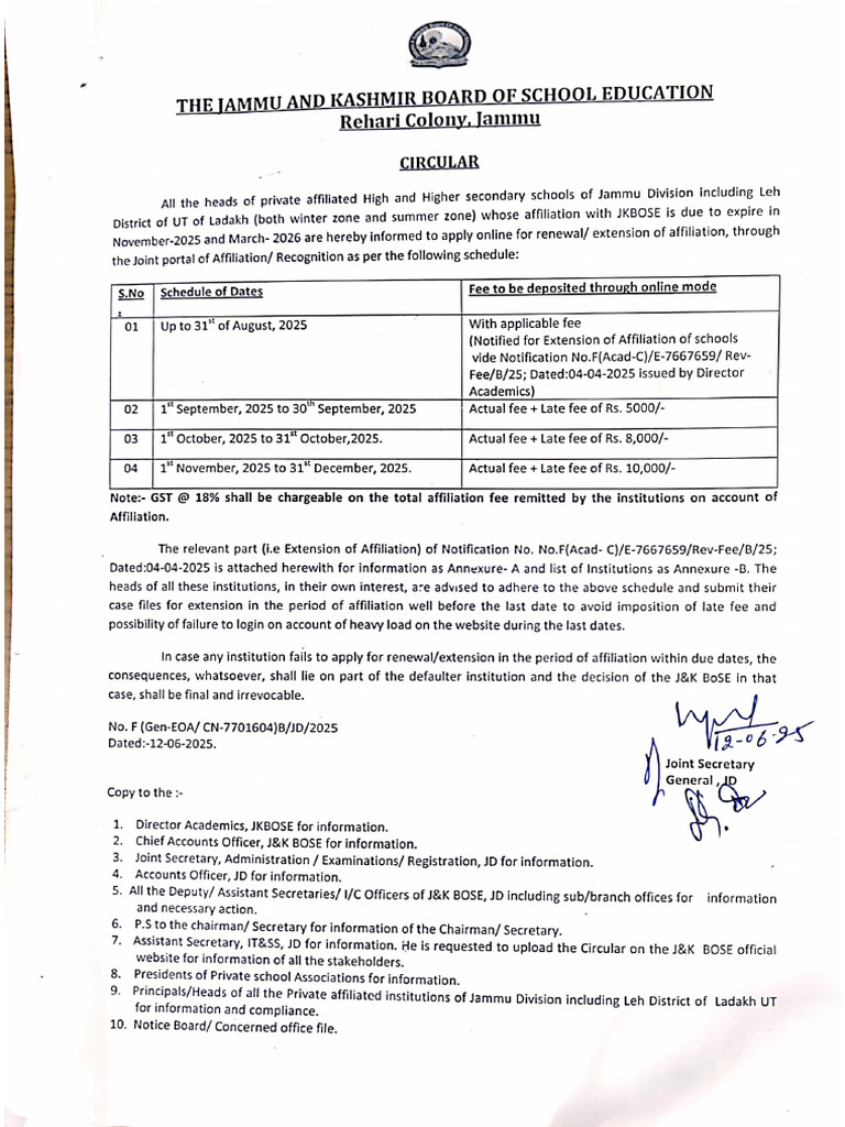 Circular For Late Fee For Affiliation | PDF