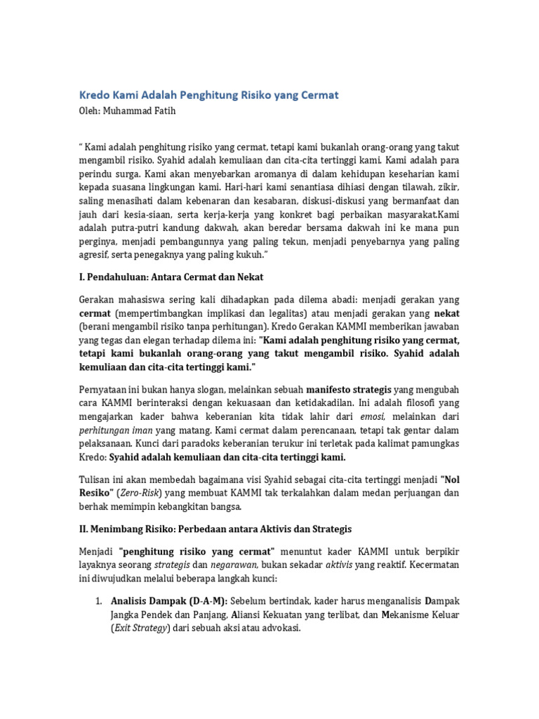 Kredo Kami Adalah Penghitung Risiko Yang Cermat Muhammad Fatih | PDF