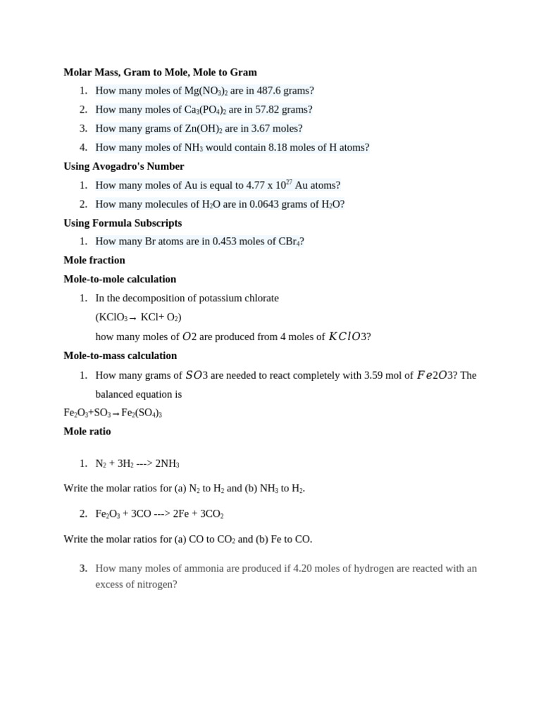 Molar Mass Questions For O1 | PDF