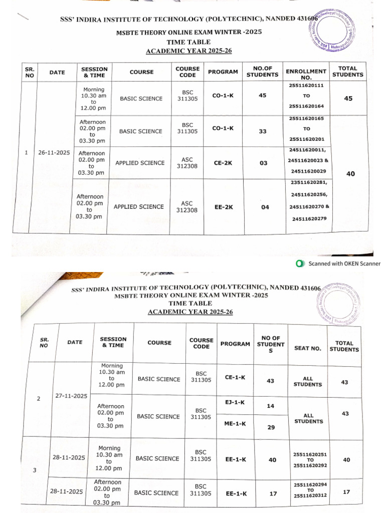 Online Exam Time Table W 25 | PDF