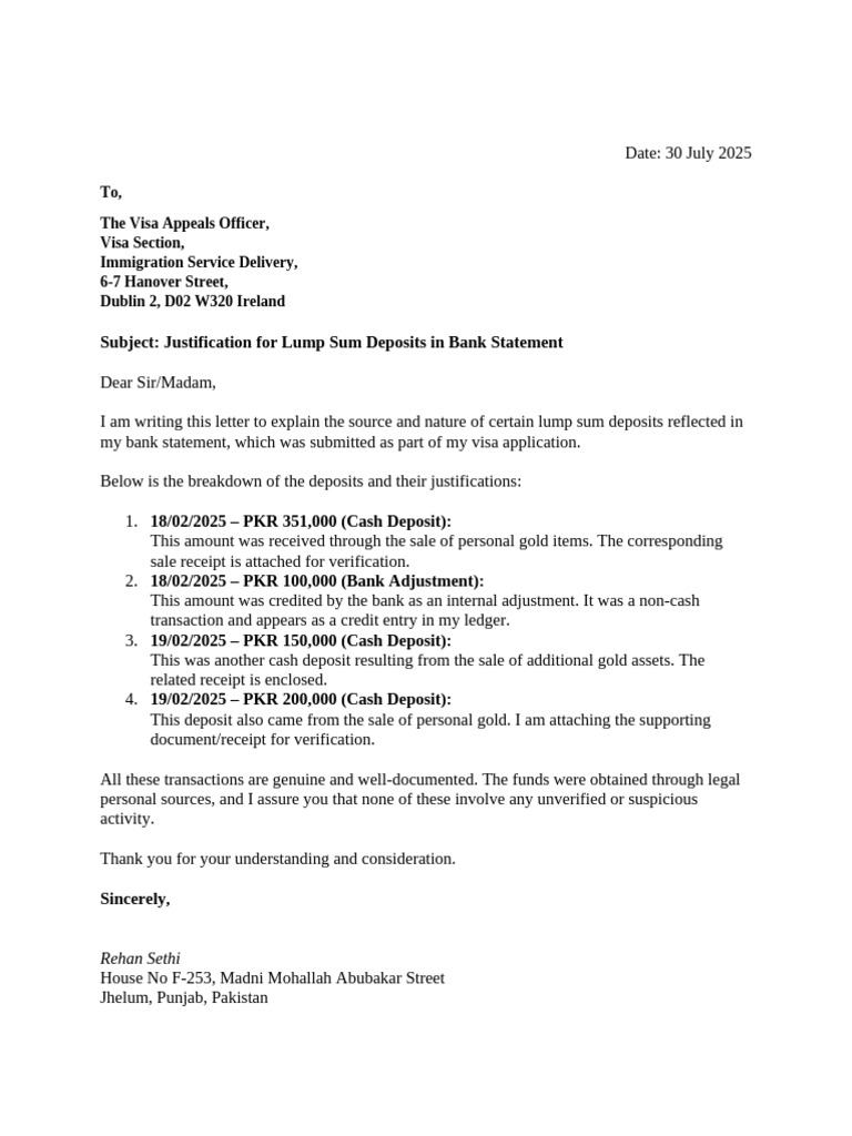 Subject: Justification For Lump Sum Deposits in Bank Statement | PDF