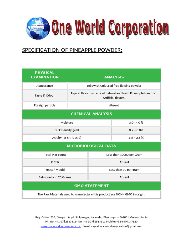 Specification of Pine Apple Powder | PDF