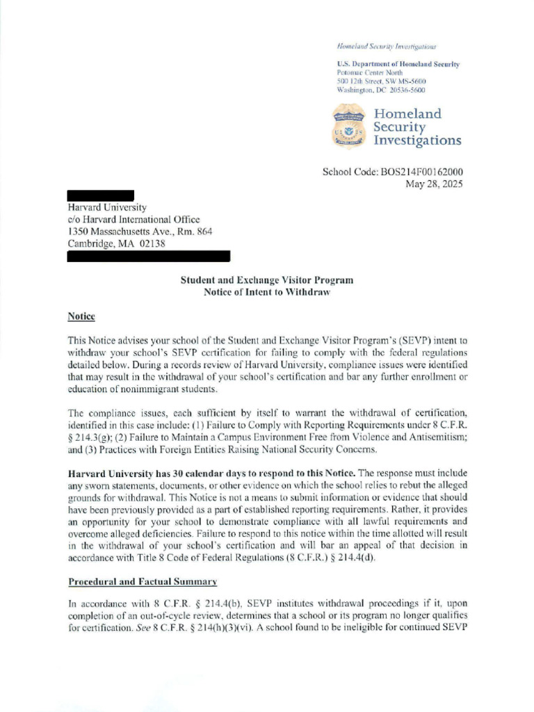 Notice of Intent To Withdrawal Harvard University Redacted | PDF