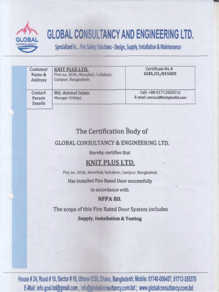 Fire Door Installation Certificate | PDF | Safety | Fire Protection
