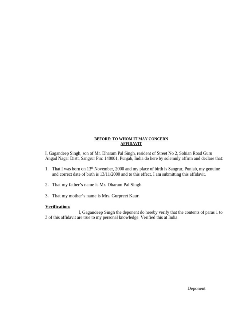 Birth Affidavit Format | PDF