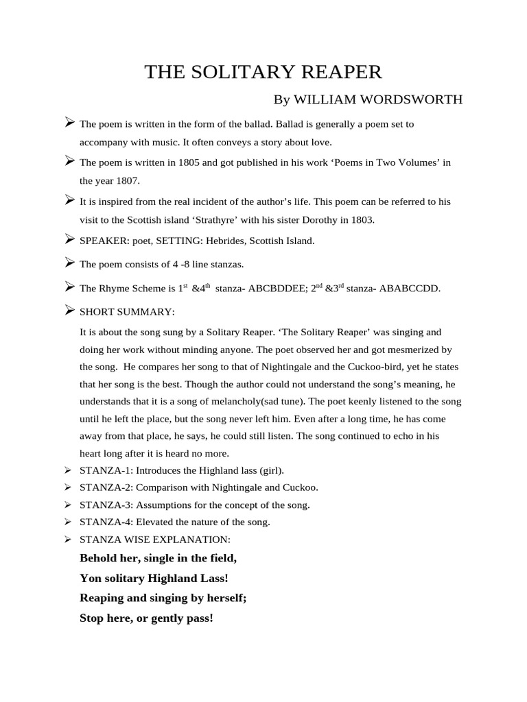 The Solitary Reaper | PDF | Poetry