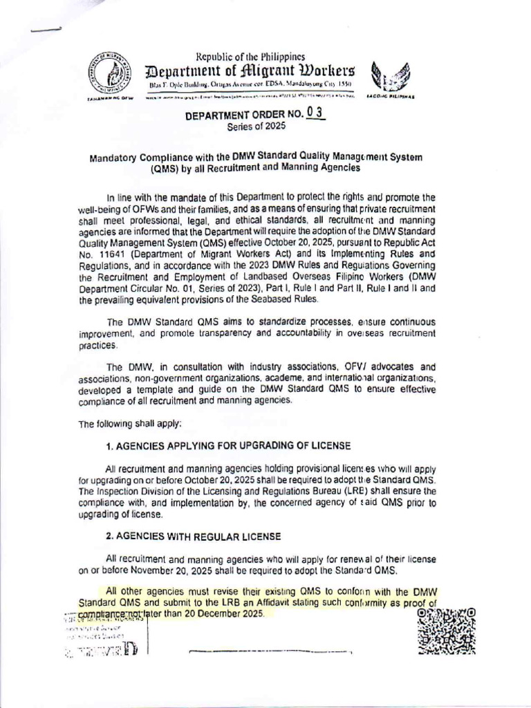 DMW DO 03-2025 - Mandatory Compliance With The DMW Standard QMS by All Recruitment and Manning ...