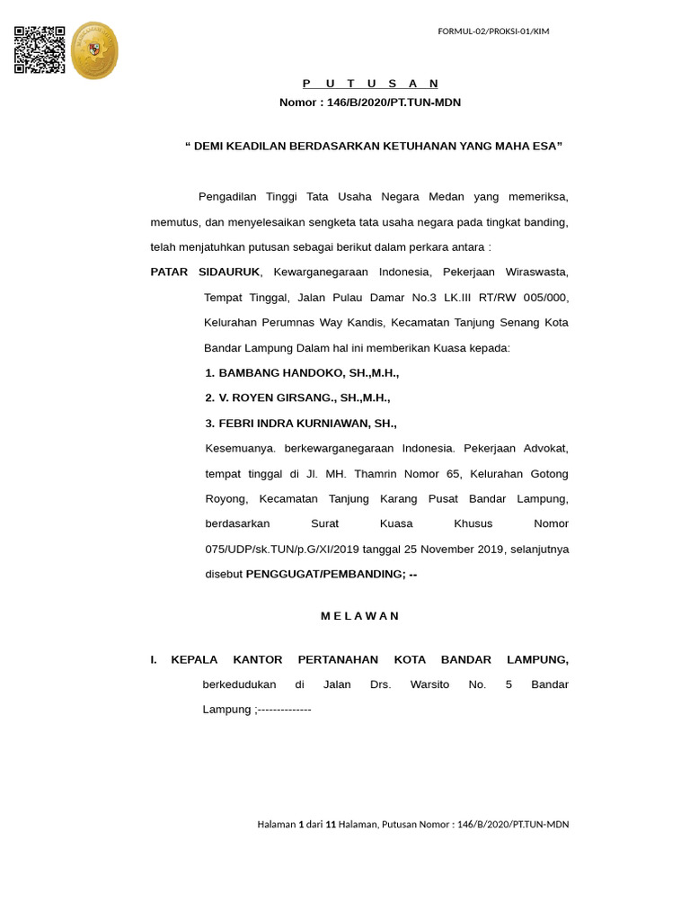 Putusan PTTUN Medan 146 2020 Patar Siaduruk Vs Imam Sufi Bunari SHM 70 ...