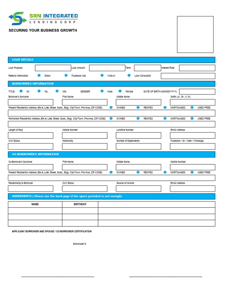 SRN New Application Form | PDF | Loans | Credit