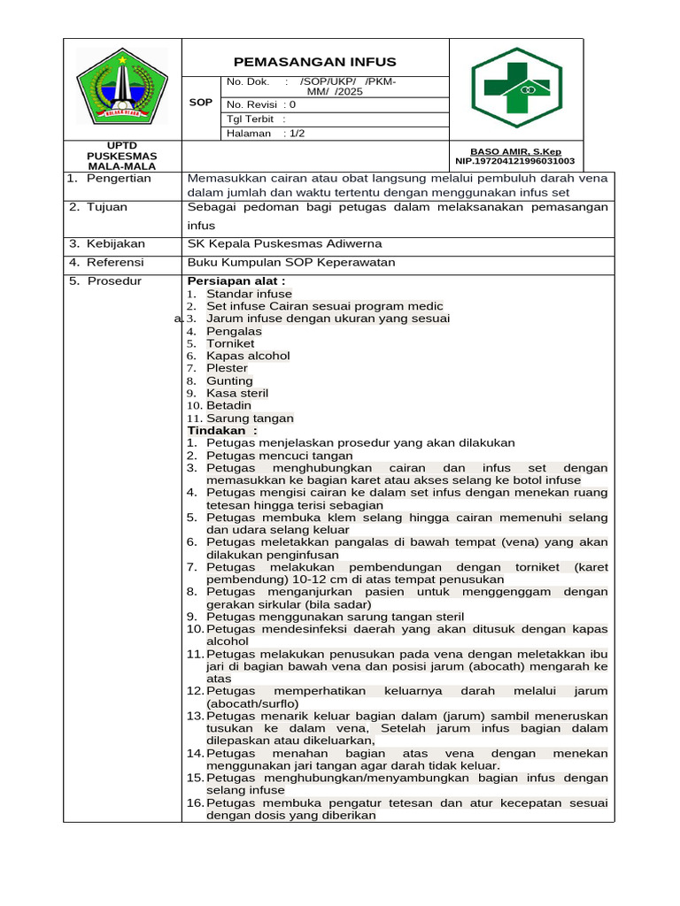 Sop Pemasangan Infus | PDF