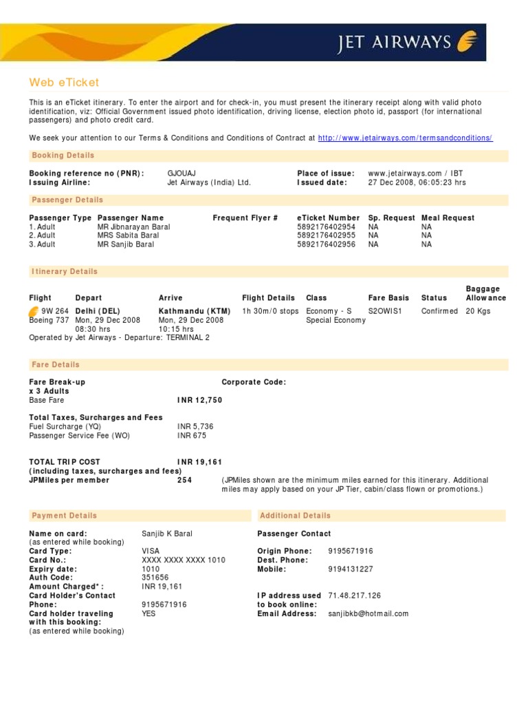 Jet Airways Web Booking Eticket (GJOUAJ) - Baral | PDF | Identity ...