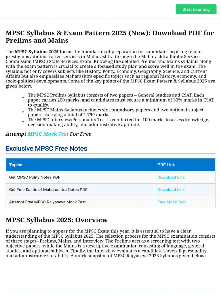 MPSC Syllabus & Exam Pattern 2025 (New) - Download PDF For Prelims and Mains | PDF