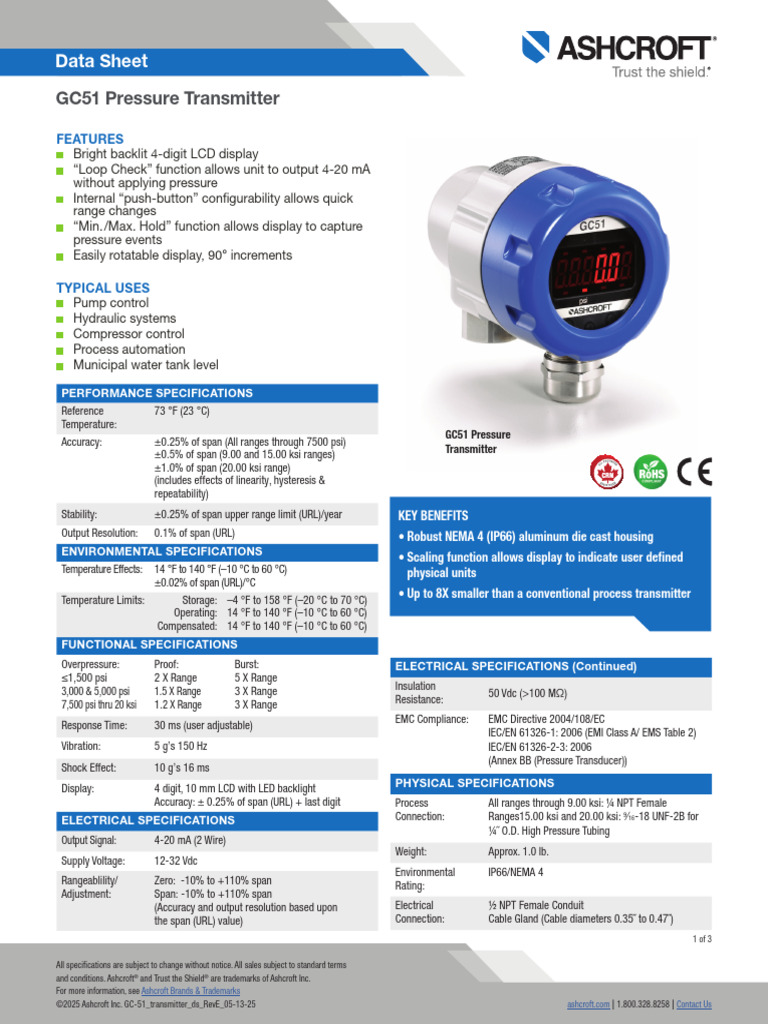 GC51 Pressure Transmitter Data Sheet | PDF | Pressure Measurement ...