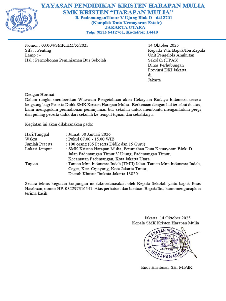 Surat Peminjaman Bis Sekolah SMK Kristen Harapan Mulia | PDF