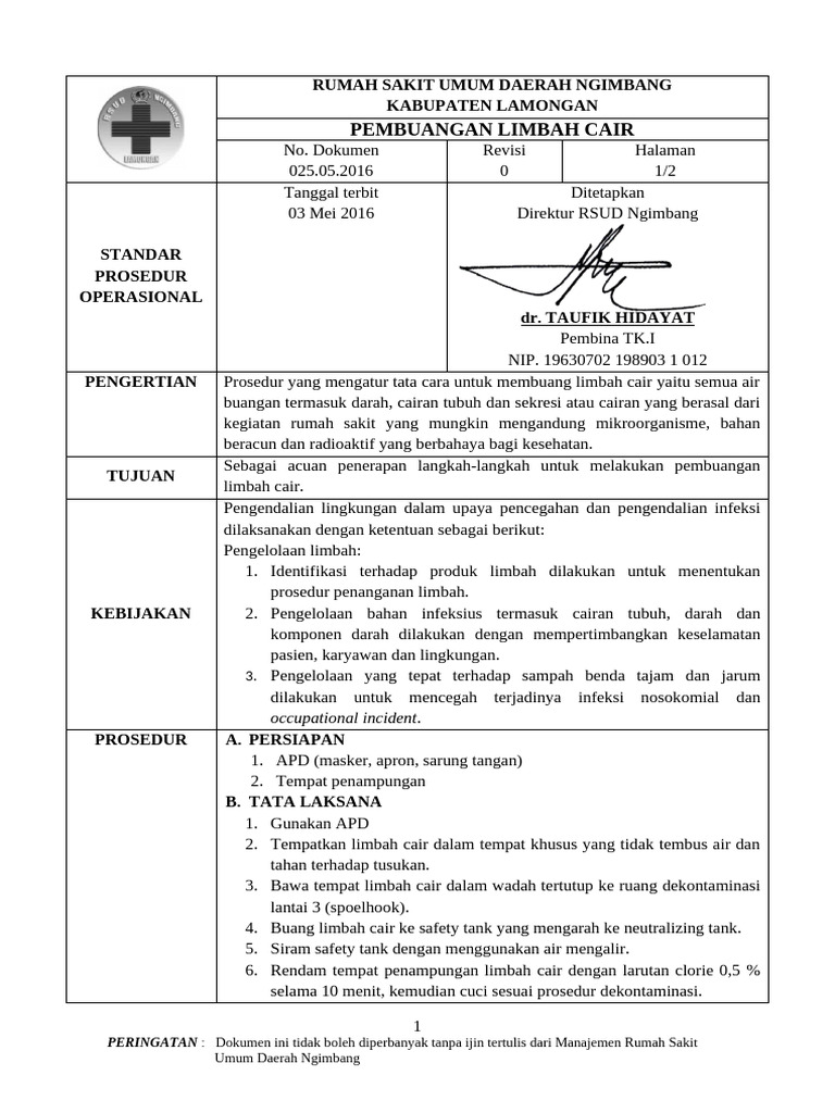 SPO Pengelolaan Limbah Cair Medis - Edited | PDF