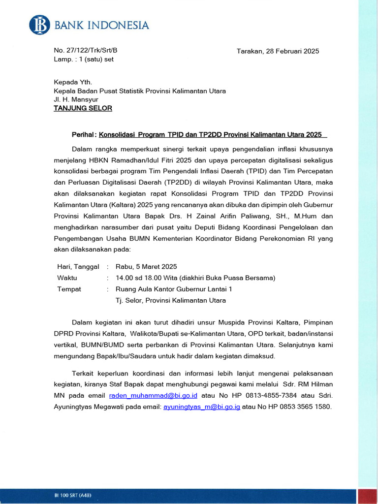 Surat BI Untuk TPID - BPS Kaltara | PDF