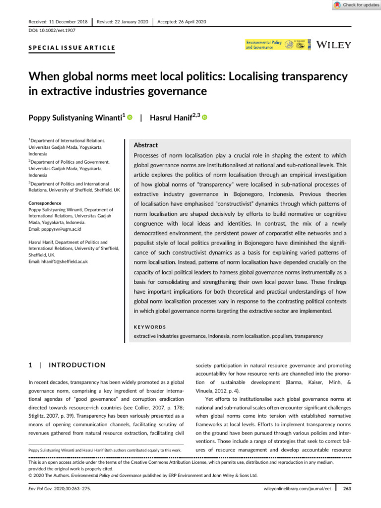 Env Pol Gov - 2020 - Winanti - When Global Norms Meet Local Politics ...