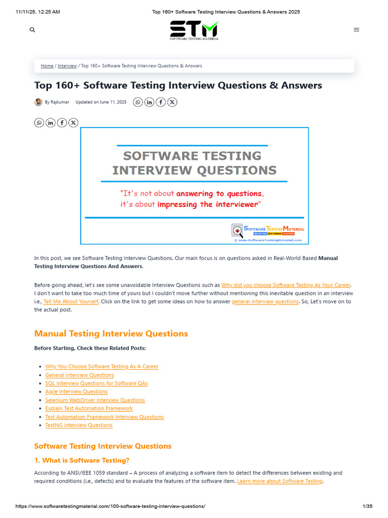 Top 160+ Software Testing Interview Questions & Answers 2025 | PDF ...