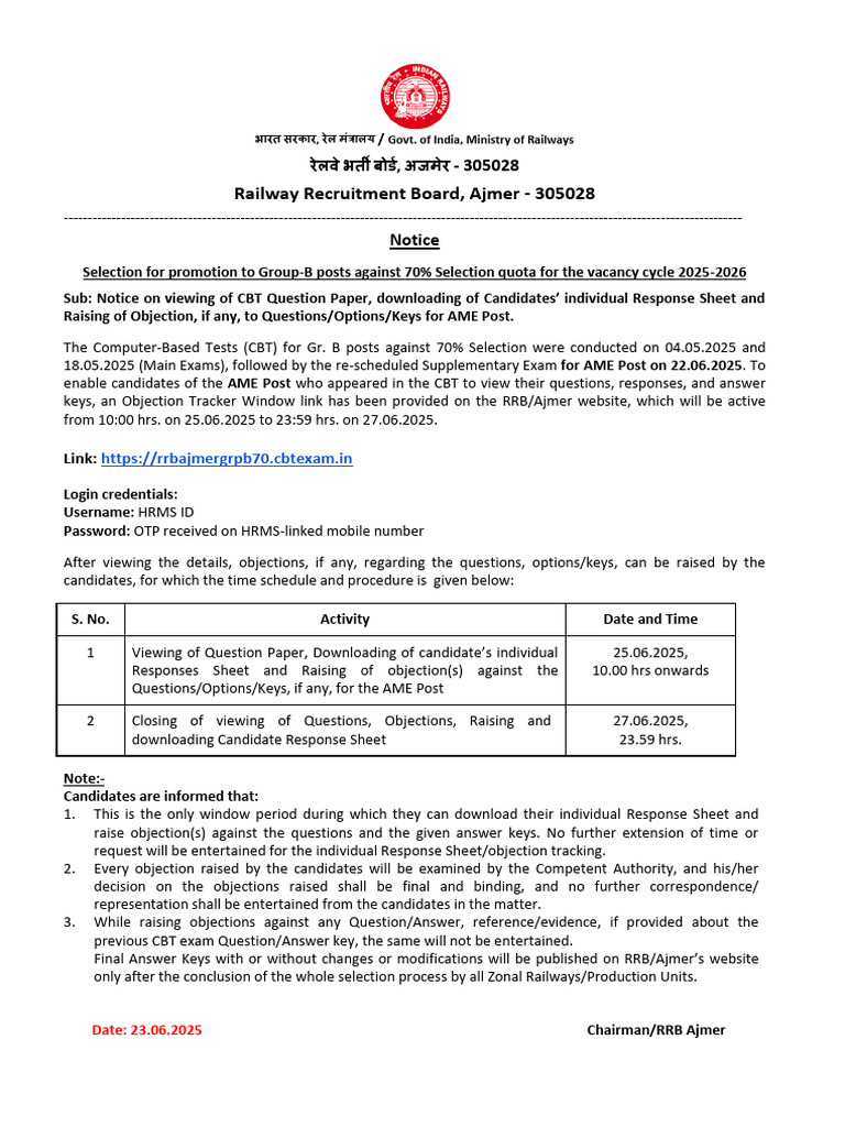 Notice For RRB Webpage For Objection Tracker Window AME Post FJKG | PDF ...