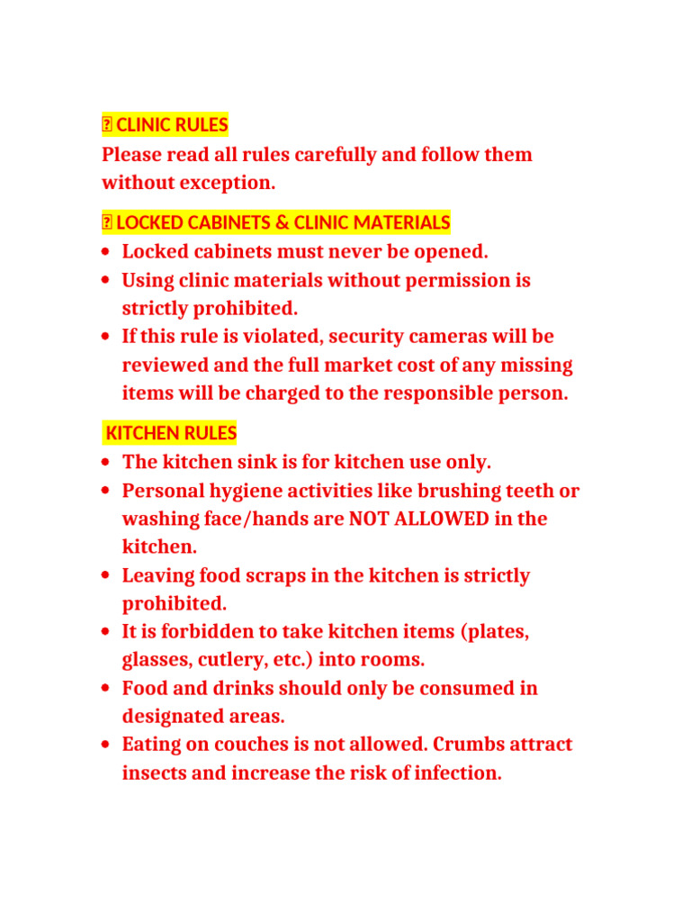 Clinic Rules English | PDF | Hygiene | Kitchen